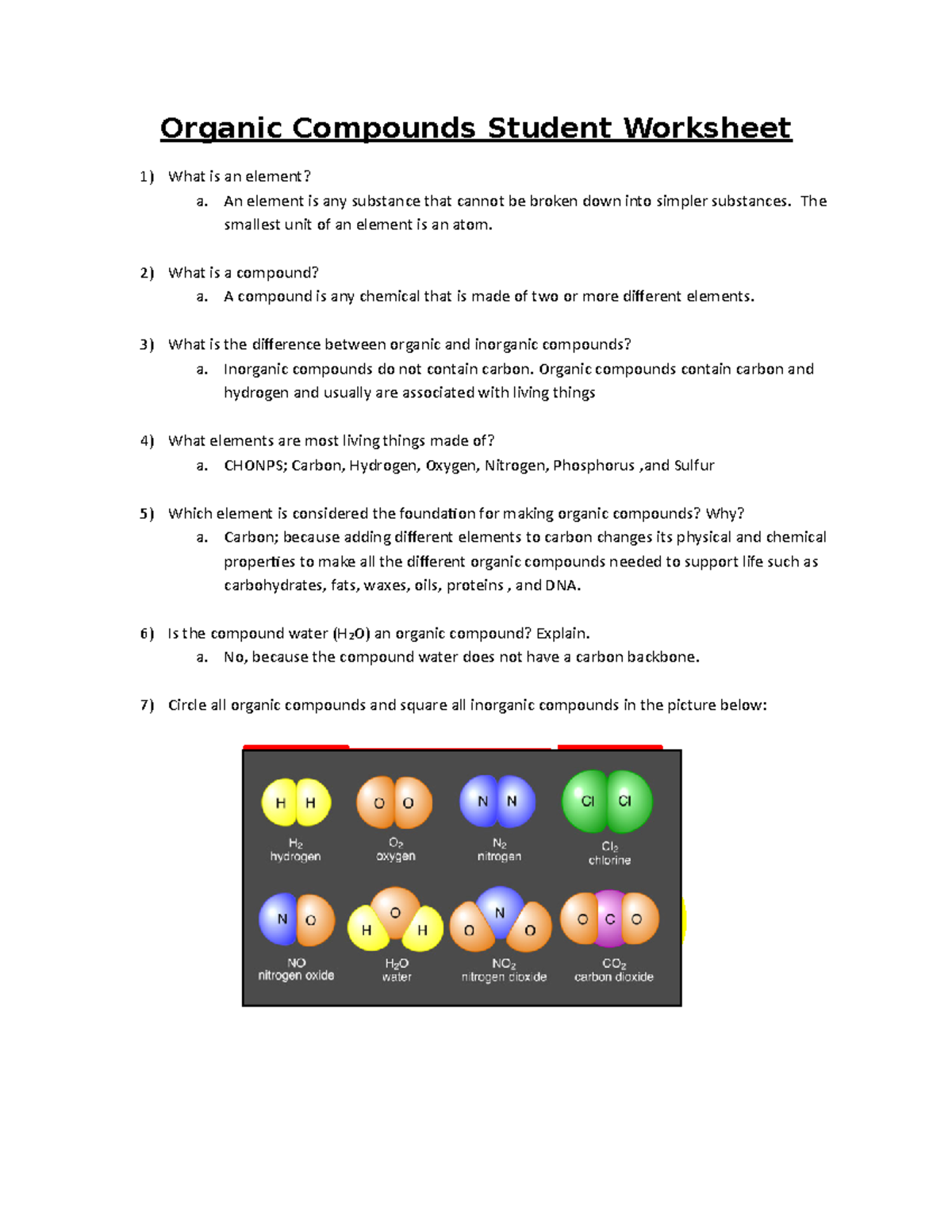 Organic Compounds Student Worksheet Teacher Key - Organic Compounds ...