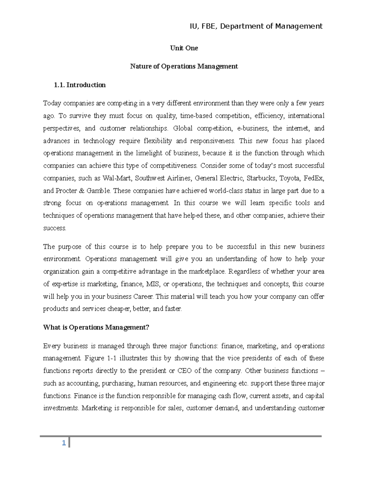 Operations Management Chapter 1 - Unit One Nature of Operations Management Introduction Today ...