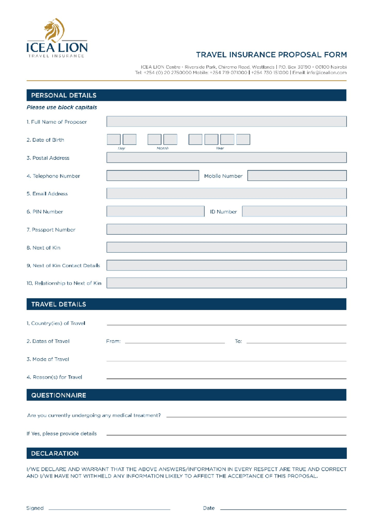 Editable Travel insurance proposal form - business administration - Studocu