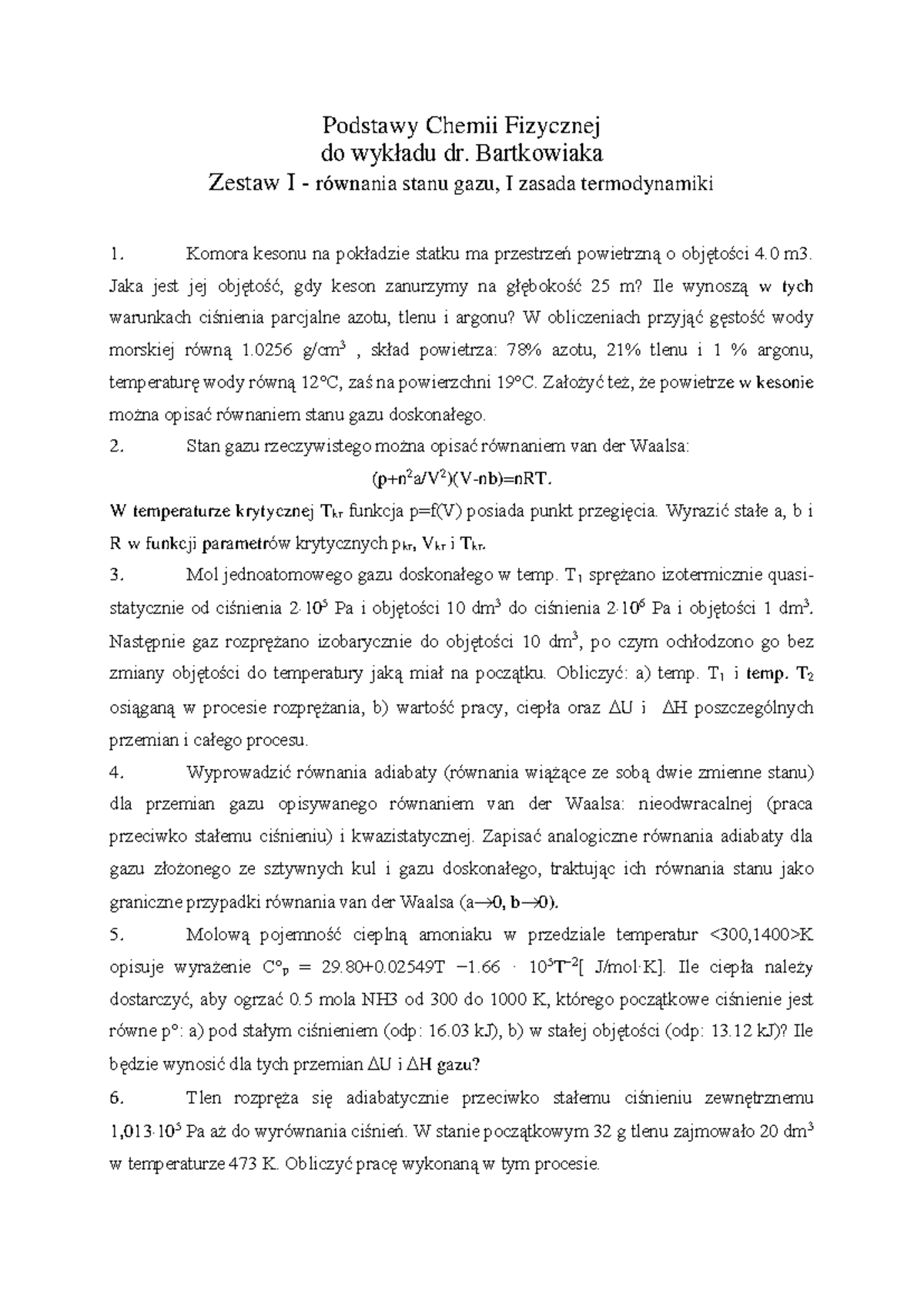 Lista 1 powt - Podstawy Chemii Fizycznej do wykładu dr. Bartkowiaka ...