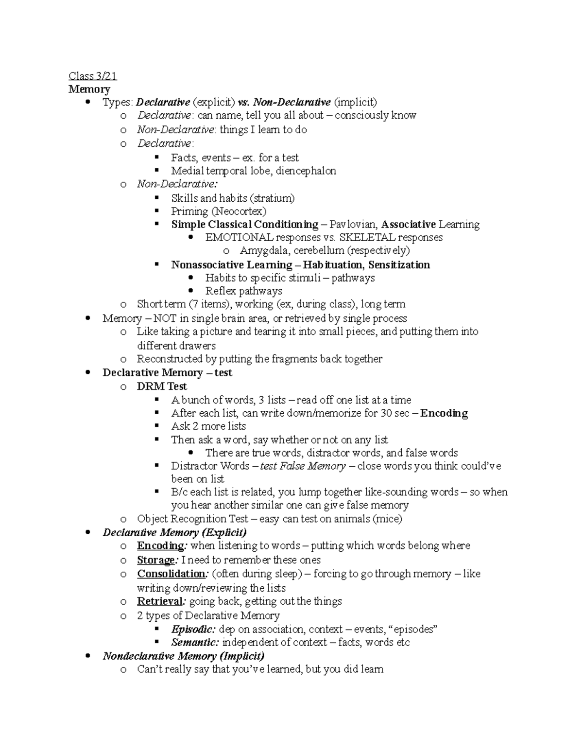 Unit 3 Class Notes - Class 3/ Memory Types: Declarative (explicit) vs ...
