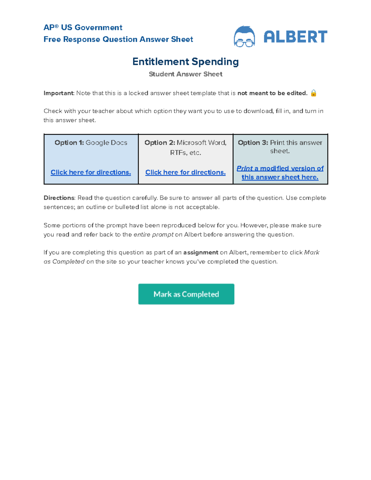 Copy of Entitlement Spending AP® US Government Digital Student Answer Sheet - AP® US Government ...
