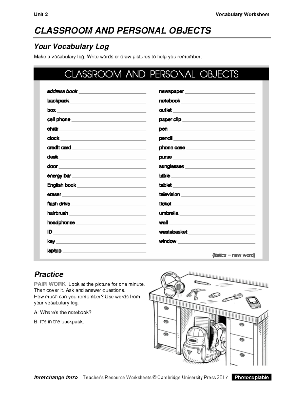 Interchange 5th Ed Intro Level Unit02 Vocabulary Worksheet - ingles ...
