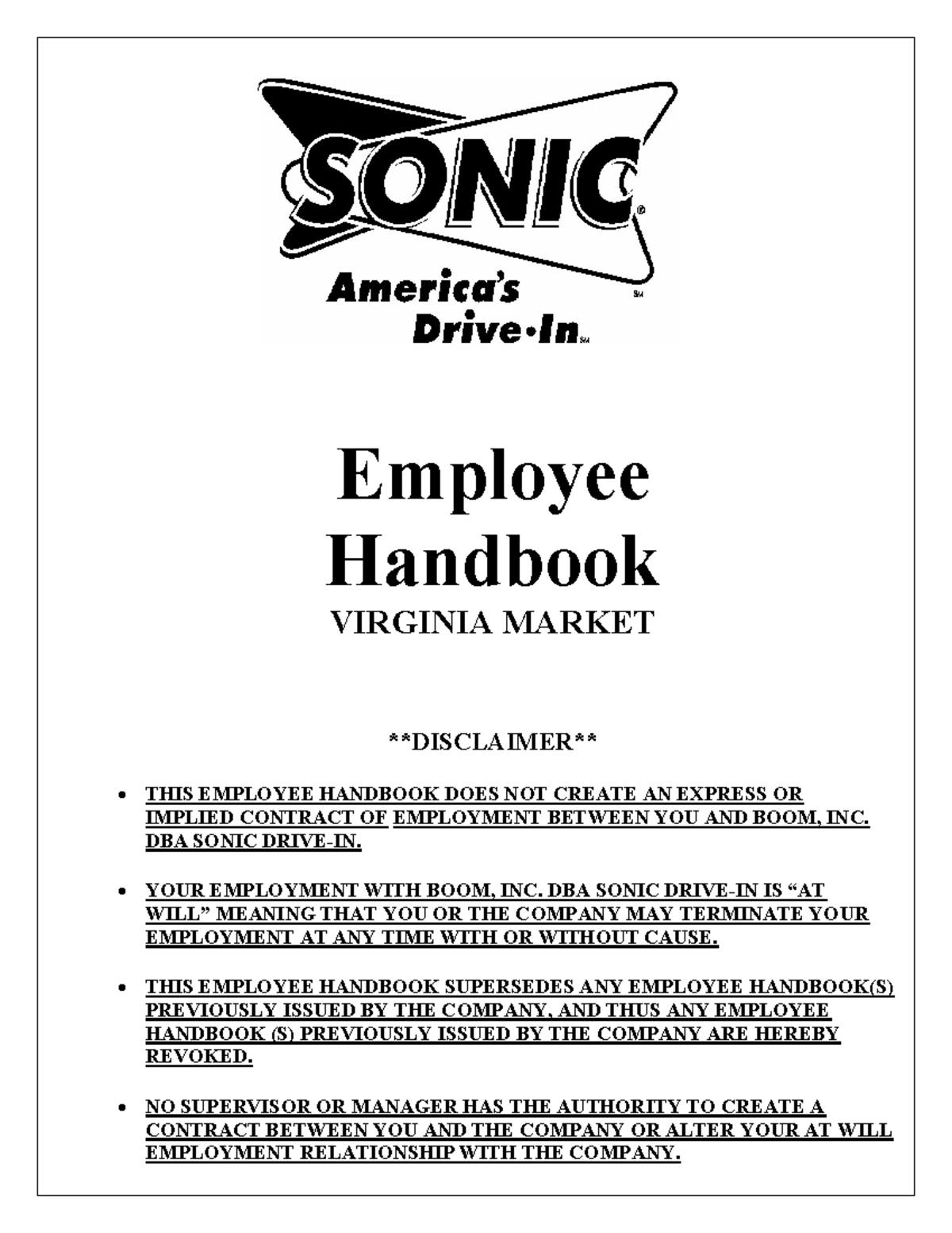 VA Sonic Handbook 6 - its really easy - Employee Handbook VIRGINIA MARKET DISCLAIMER THIS ...