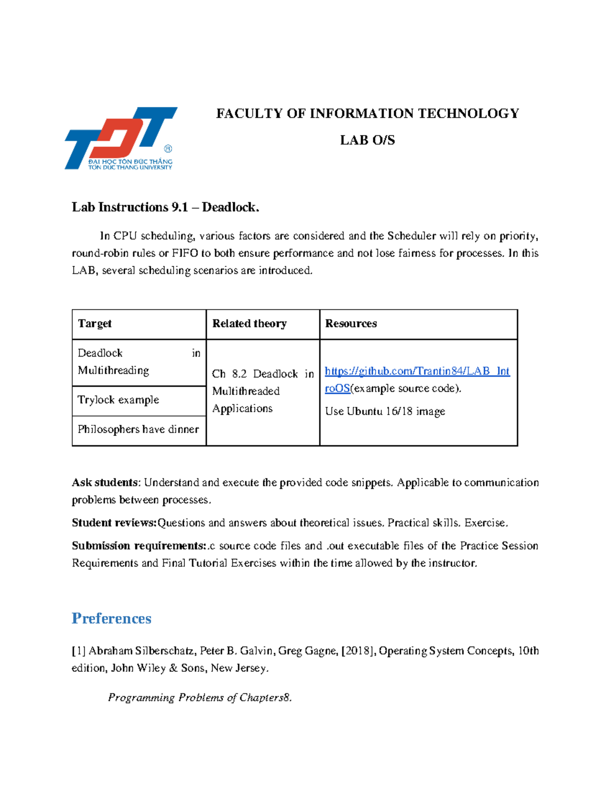 Nhập môn Hệ Điều Hành - FACULTY OF INFORMATION TECHNOLOGY LAB O/S Lab Instructions 9 – Deadlock ...