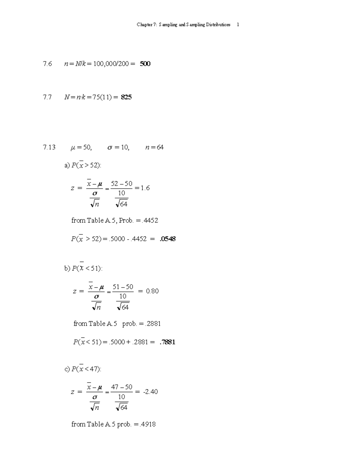 Tutorial Solutions Chapter 07 - a) P( x > 52): 7 n = 81 σ = 12 P( x ...