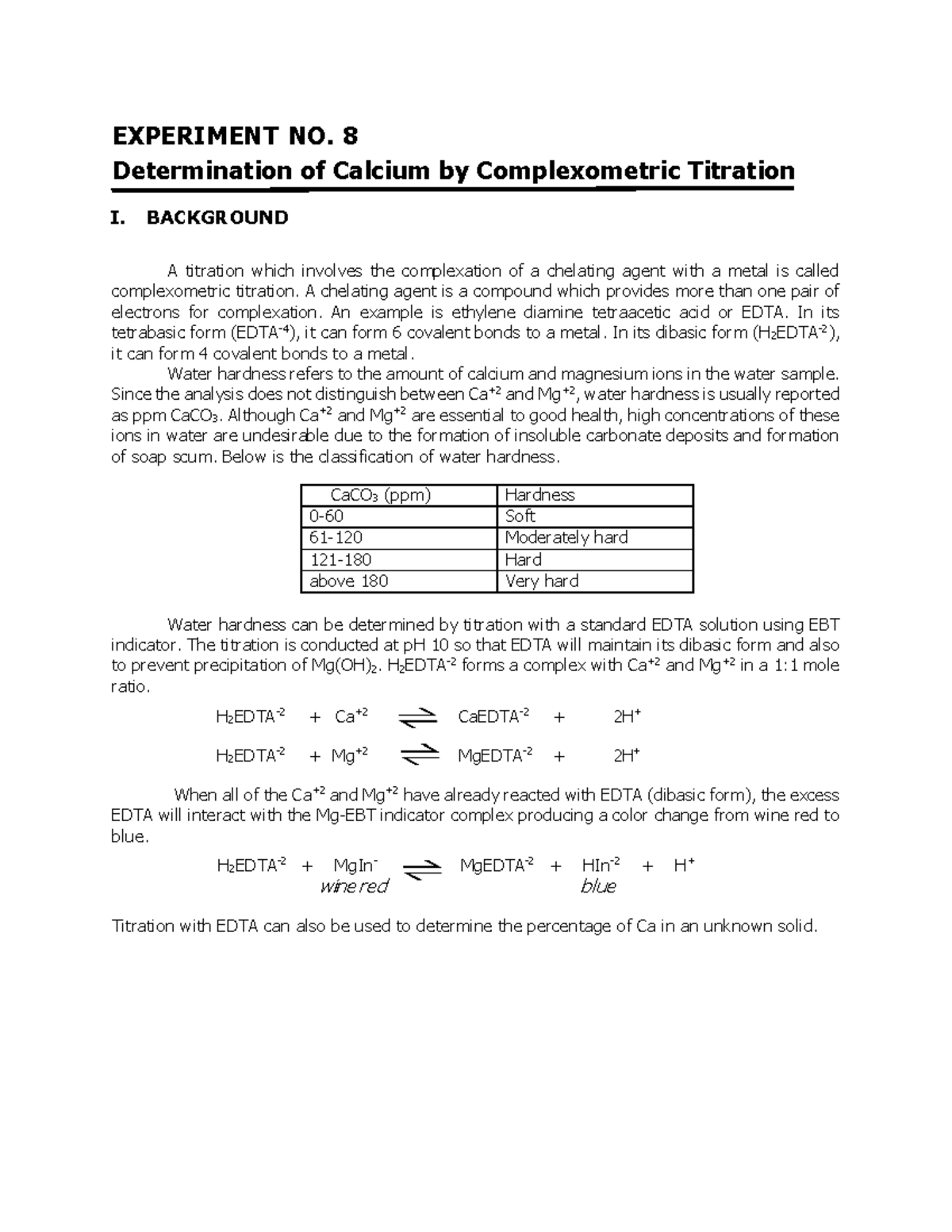 E8 Determination Of Calcium By Complexometric Titration Experiment No 8 Determination Of