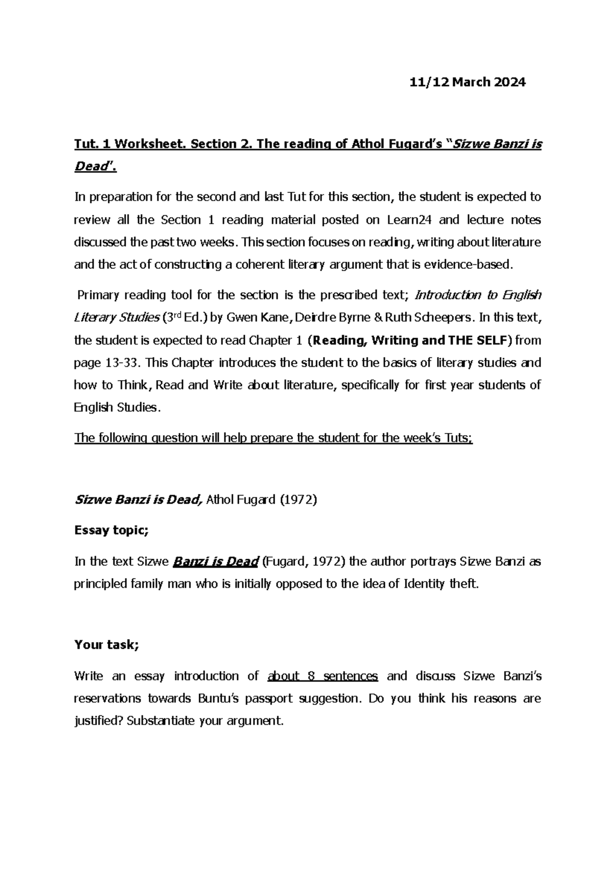 Tut.1 Worksheet. Section 2 Drama - 11 / 12 March 2024 Tut. 1 Worksheet ...