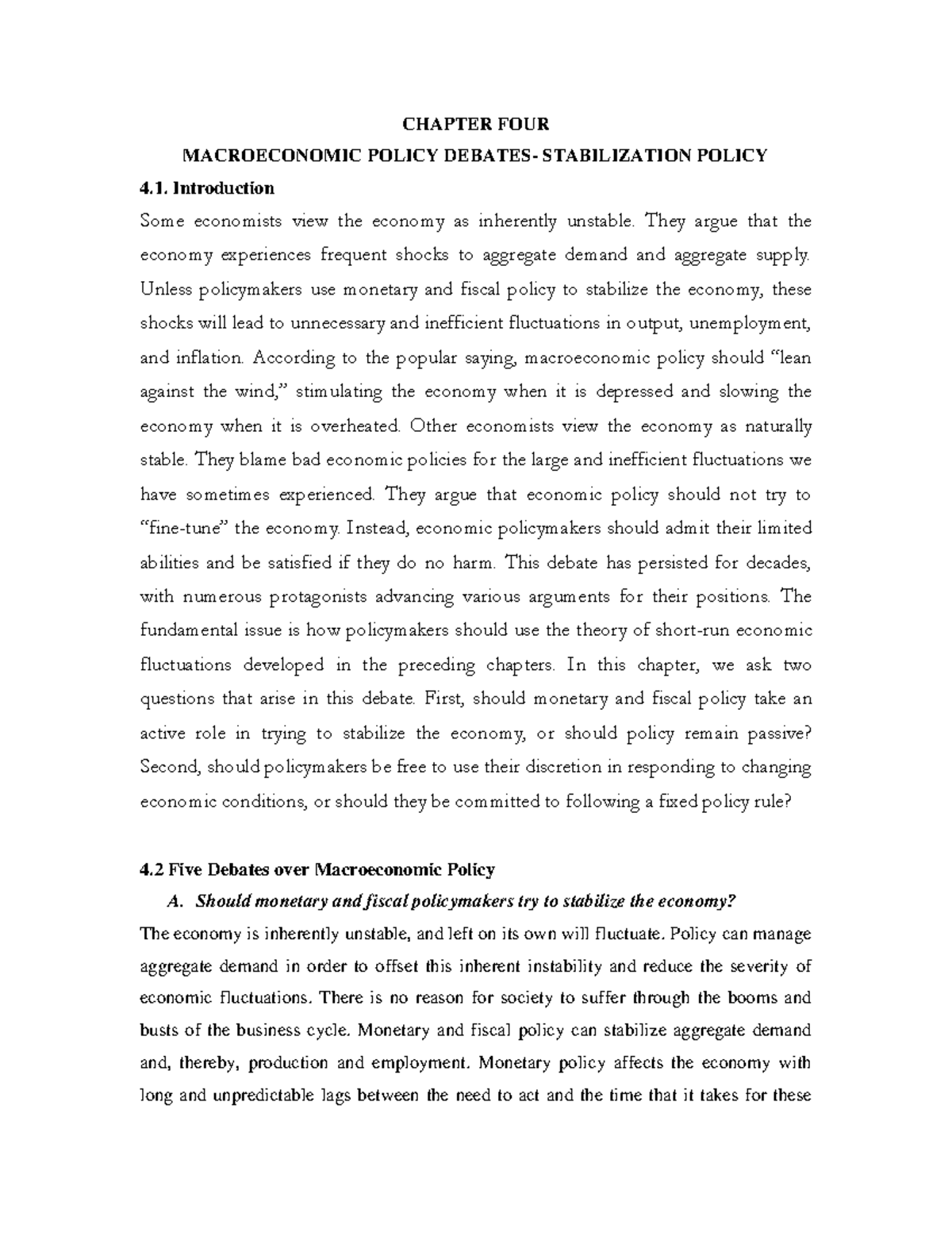 Chapter 4 Macro policy debate - CHAPTER FOUR MACROECONOMIC POLICY ...