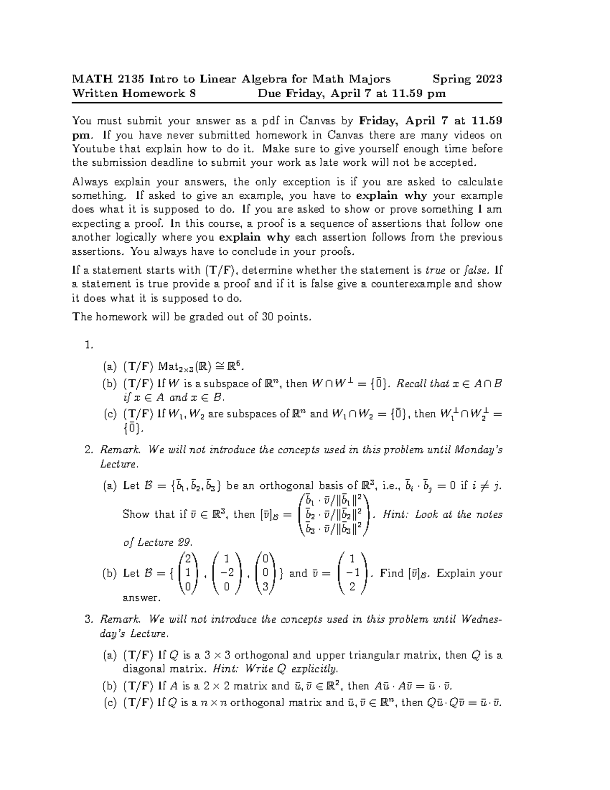 Written Homework 8 - True or false questions, orthogonal basis proofs, change of bases - MATH ...