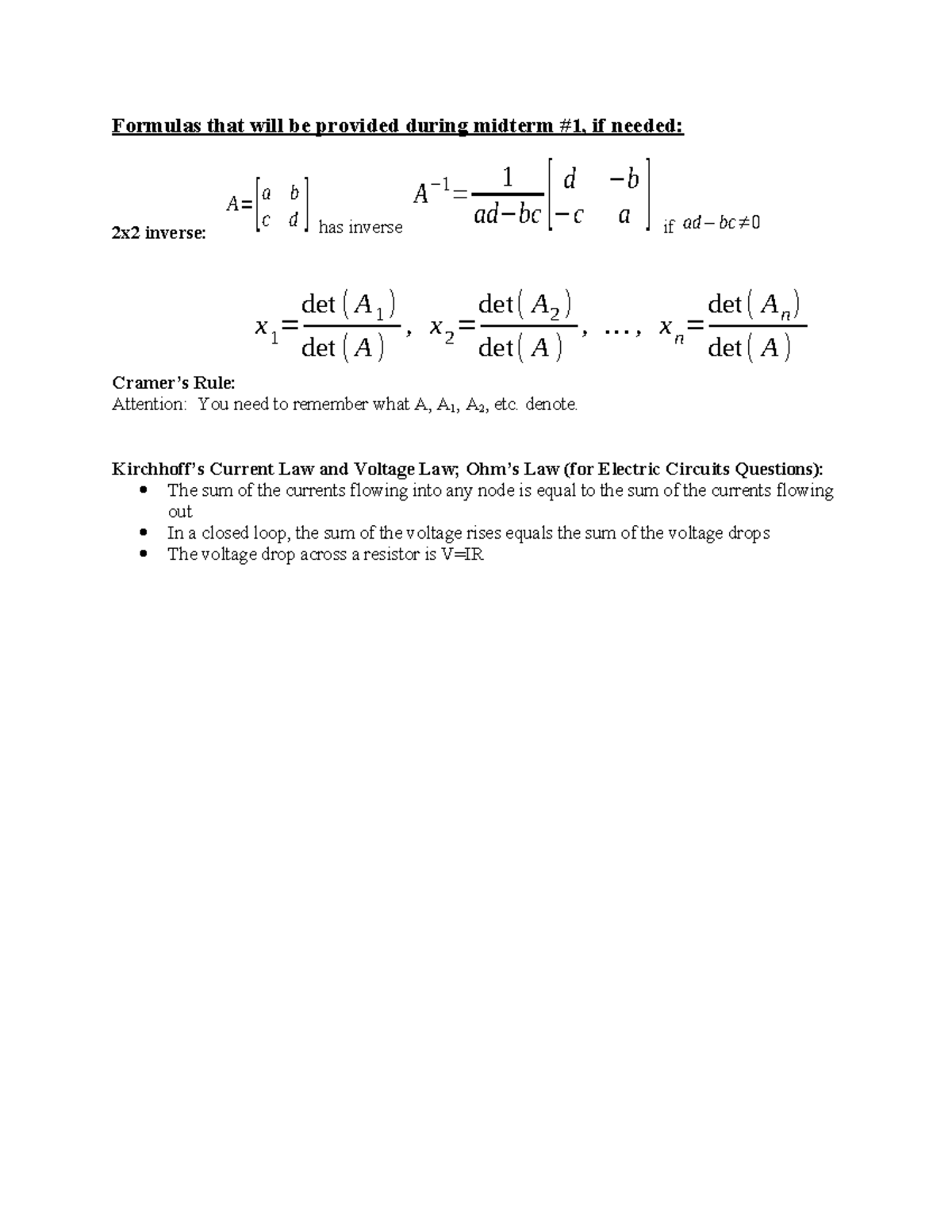 Formula sheet post - Midterm - Formulas that will be provided during midterm #1, if needed: 2x2 ...