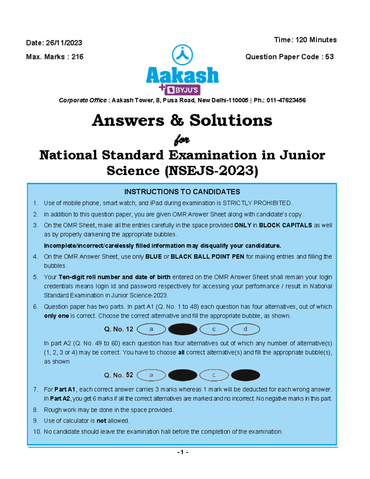 Nsejs 2023 (Answers & Solutions) - Corporate Office : Aakash Tower, 8 ...