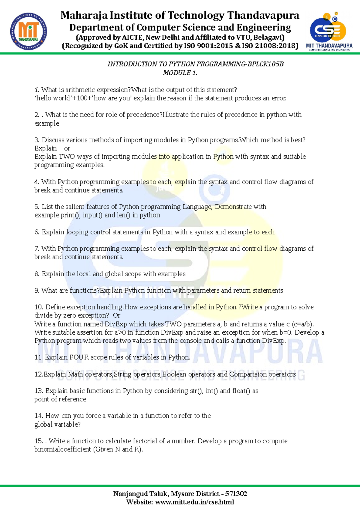 Python Module 1 Question Bank - Maharaja Institute of Technology Thandavapura Department of ...