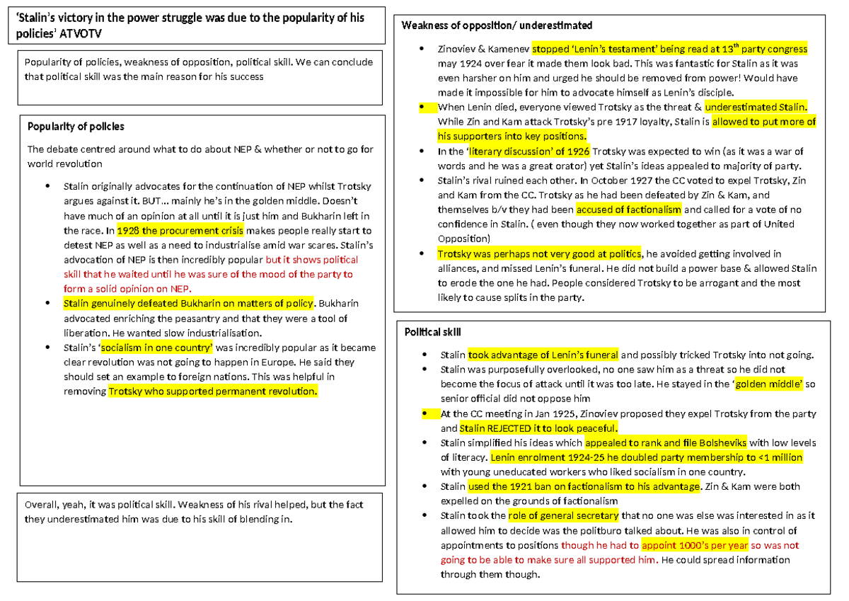 Stalin's success was due to the popularity of his policies essay plan ...