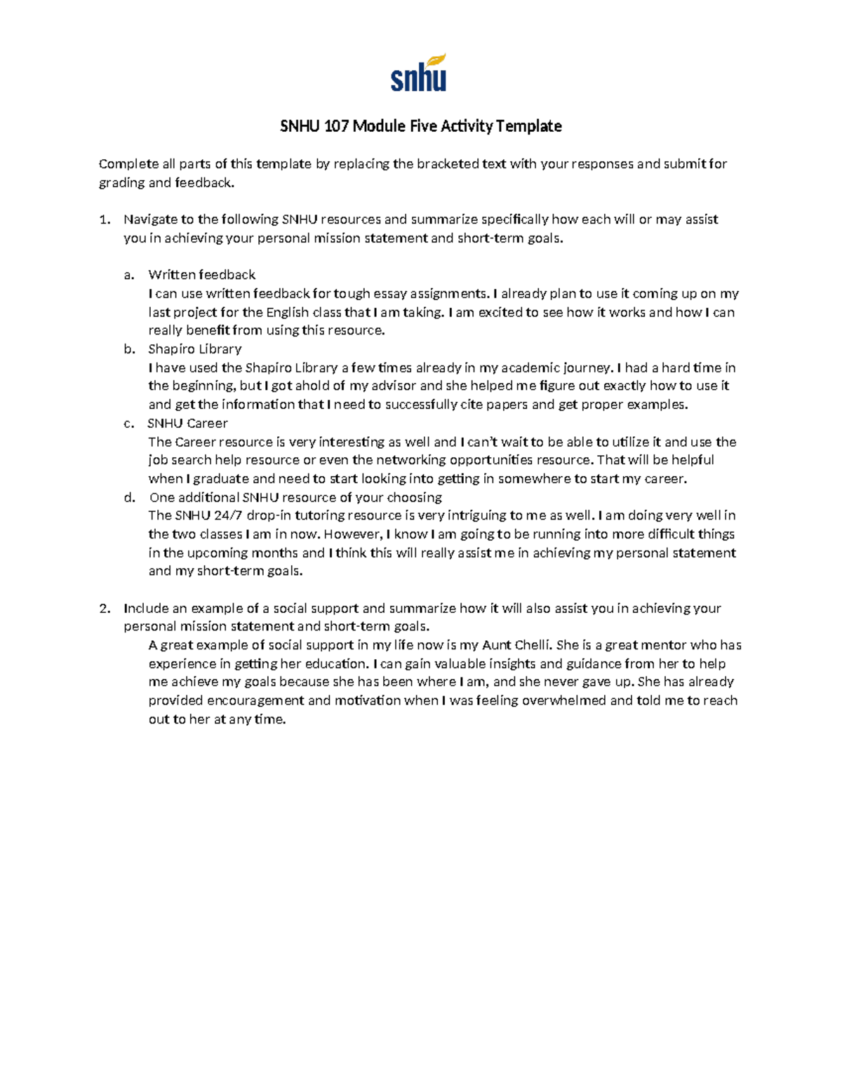 SNHU107M5 - Assignment for Module five - SNHU 107 Module Five Activity ...