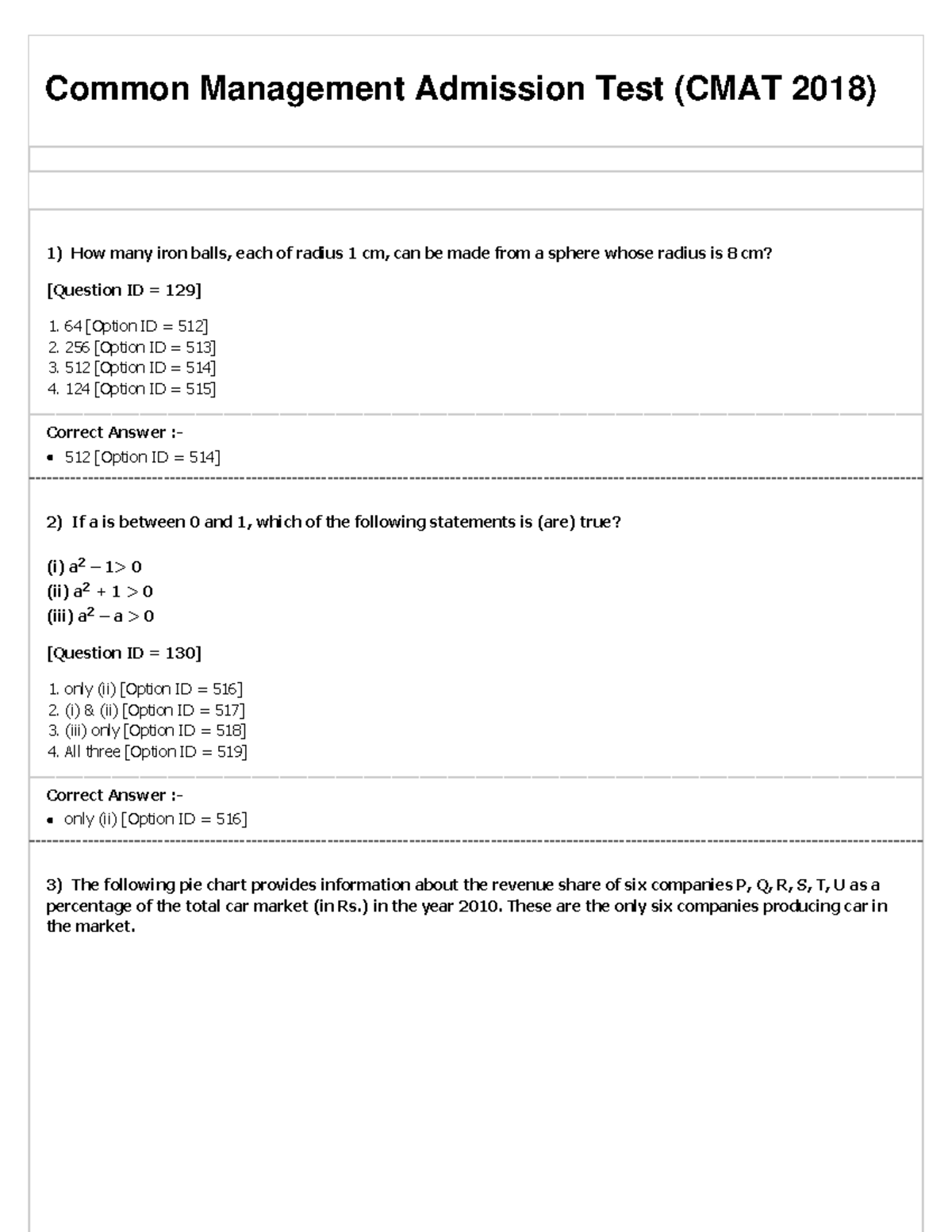 CMAT QP 2018 - practise paper - 1) 2) 3) Common Management Admissions ...