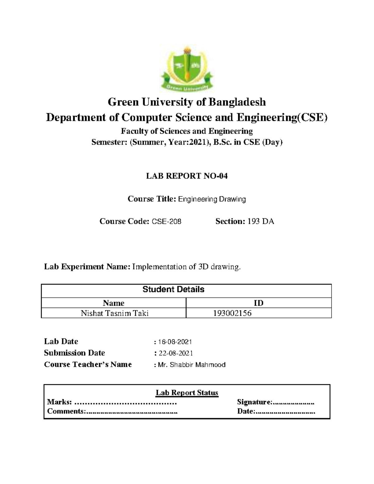 CSE-208 Lab-Report-04 193002156 - Green University of Bangladesh Department of Computer Science ...