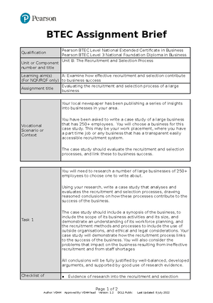 Unit 8- Coursework 1 - D1 - D1- Evaluate the recruitment process used ...