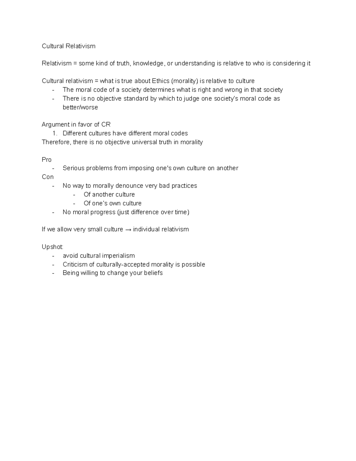 Cultural Relativism - class notes - Cultural Relativism Relativism ...