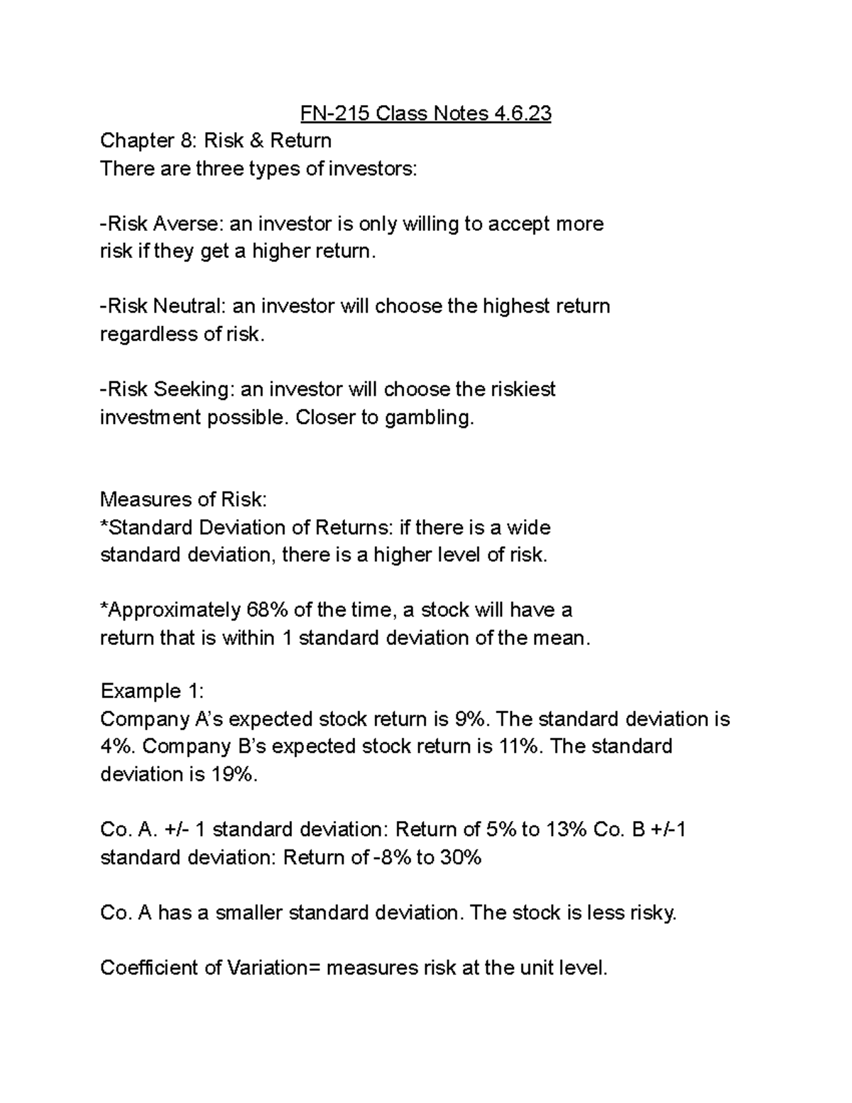 FN-215 4 6 23 class notes - FN-215 Class Notes 4. Chapter 8: Risk ...