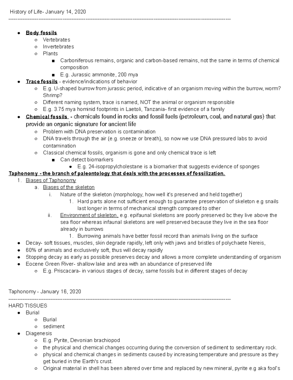 History of Life - Lecture notes 1-4 - History of Life- January 14, 2020 ...