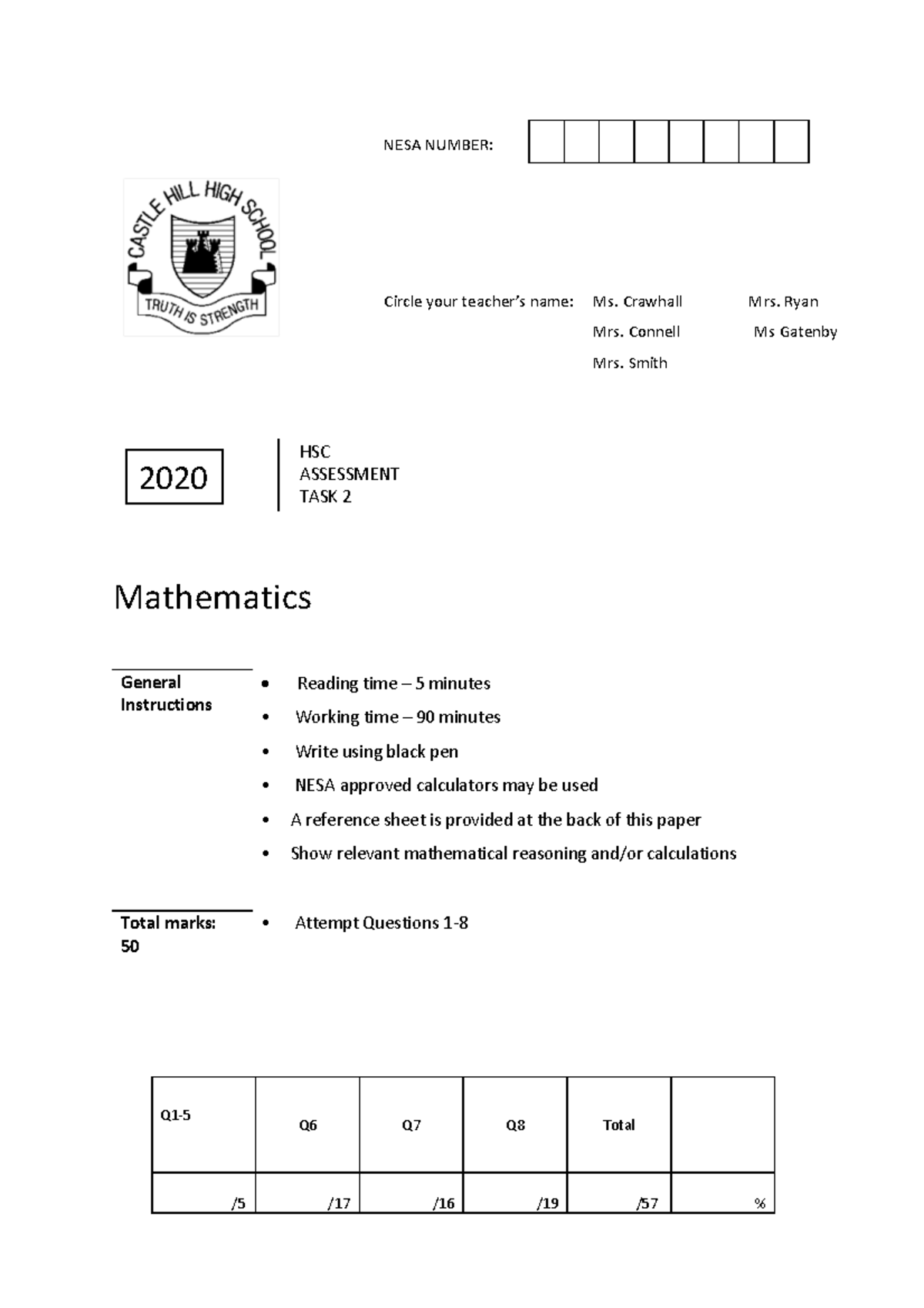 Year 12 Mathematics Task 2 Exam 2020 - NESA NUMBER: Circle your ...
