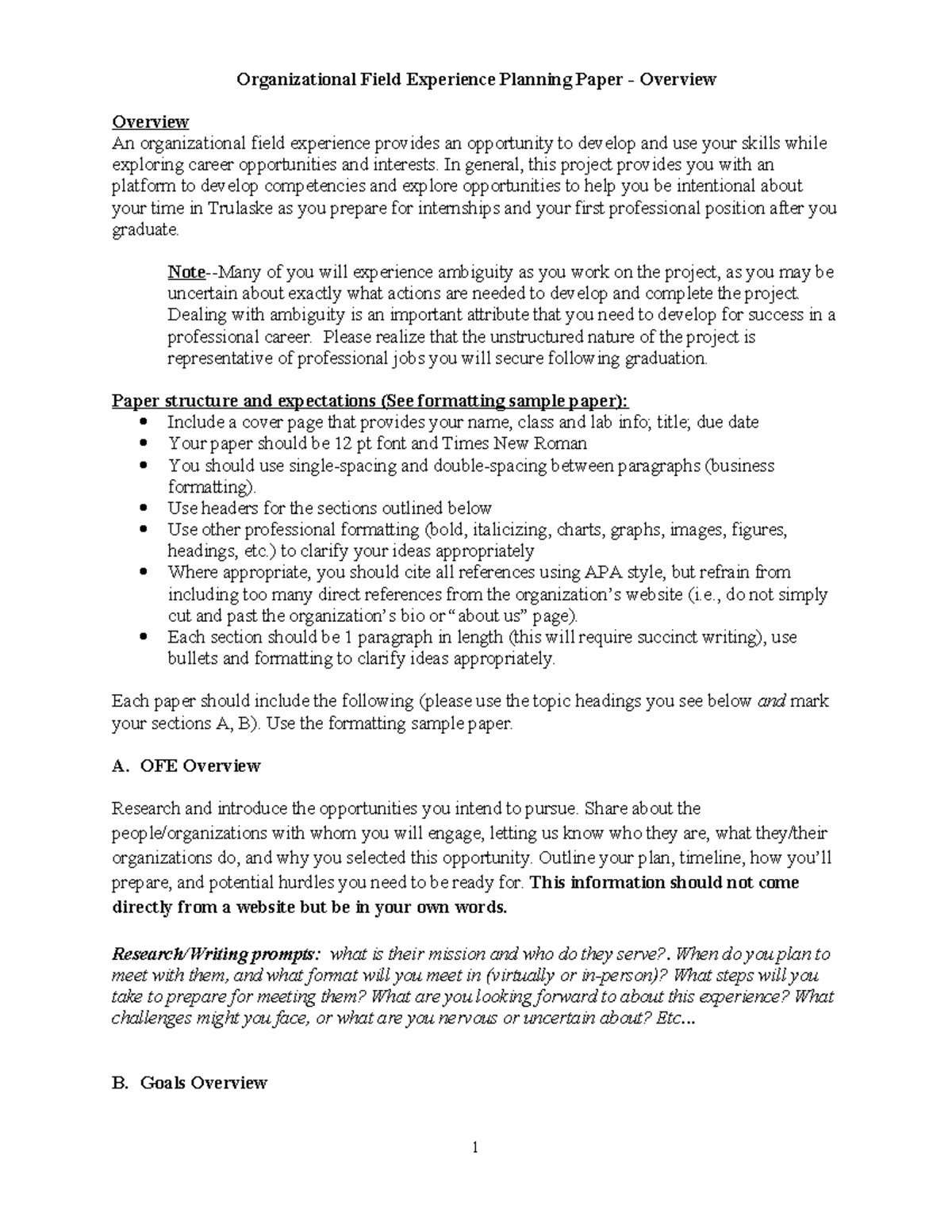 OFE Planning Paper - none - Organizational Field Experience Planning ...