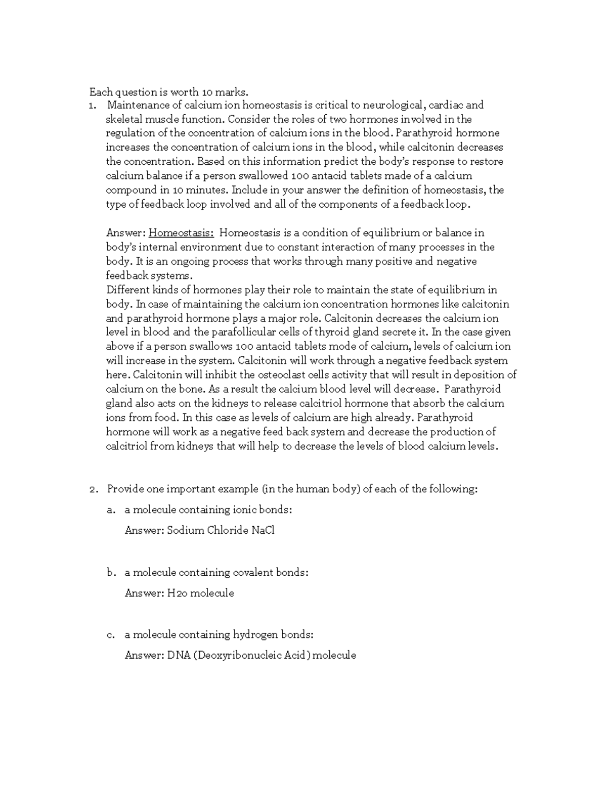 1 assignment - Each question is worth 10 marks. Maintenance of calcium ...