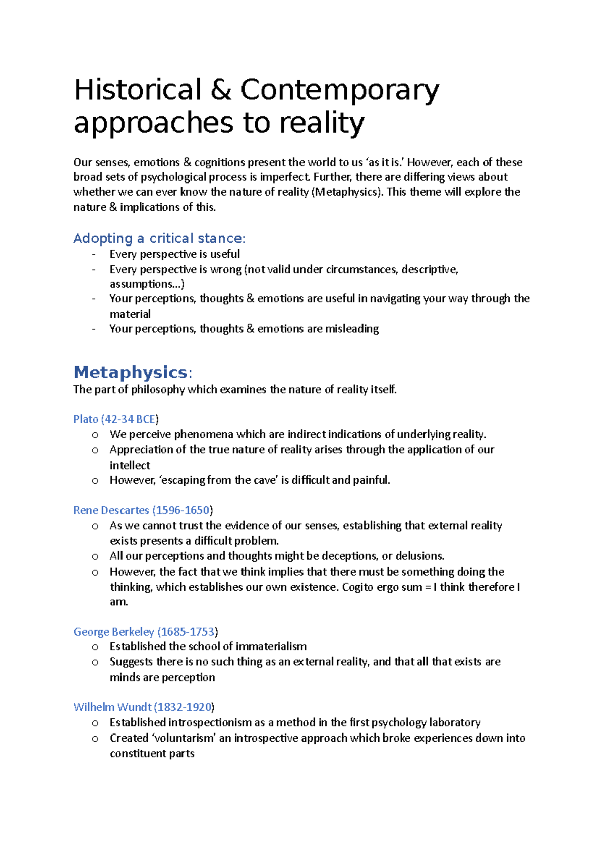 Historical & Contemporary approaches to reality - 1st feb - Historical ...