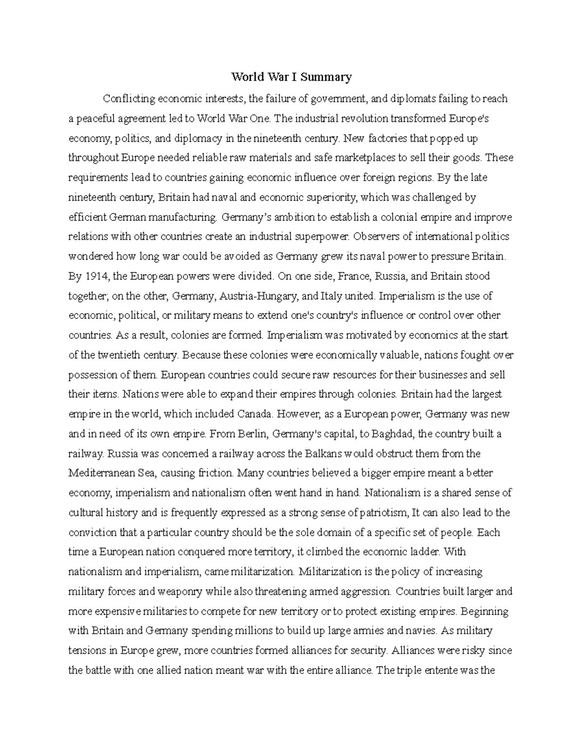 Ww1 summary - a book report - World War I Summary Conflicting economic ...