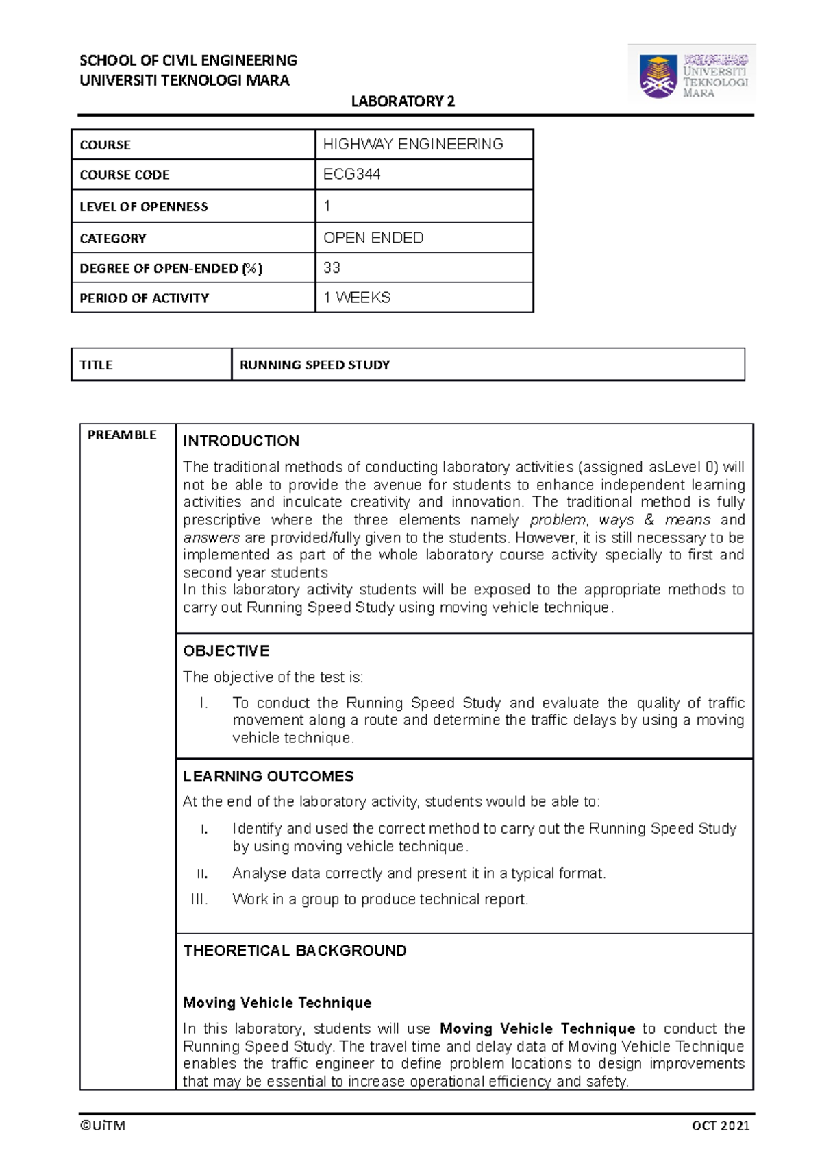 LAB manual 2 Running Speed OEL1 (highway) - highway engineering - UiTM ...