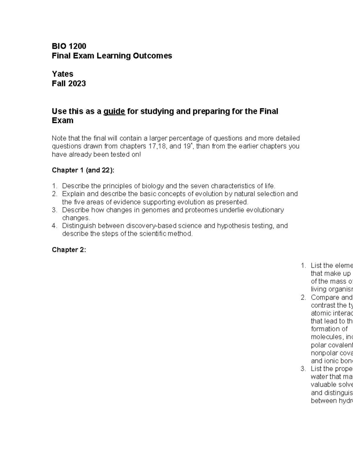 BIO 1200 Final Exam Review Outline F23 - BIO 1200 Final Exam Learning ...