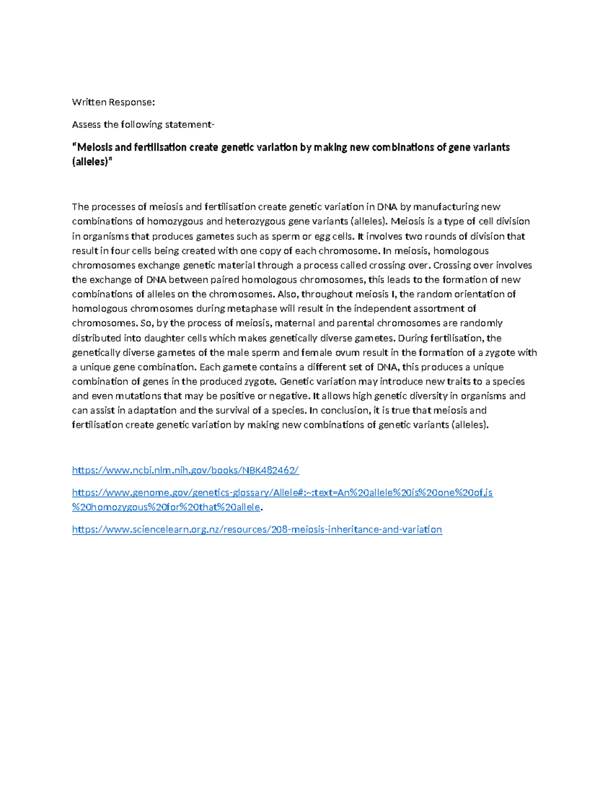 Biology Assessment Task 1 - Written Response - Written Response: Assess ...