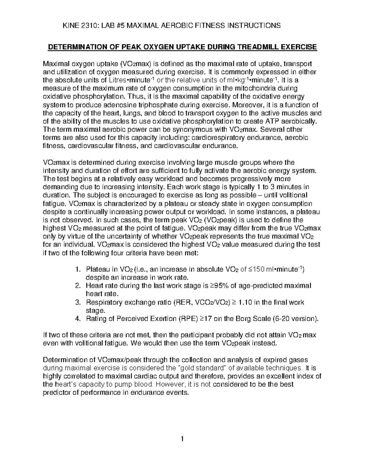 KINE 2310 Maximal Aerobic Fitness Testing Lab Instructions 2019 ...