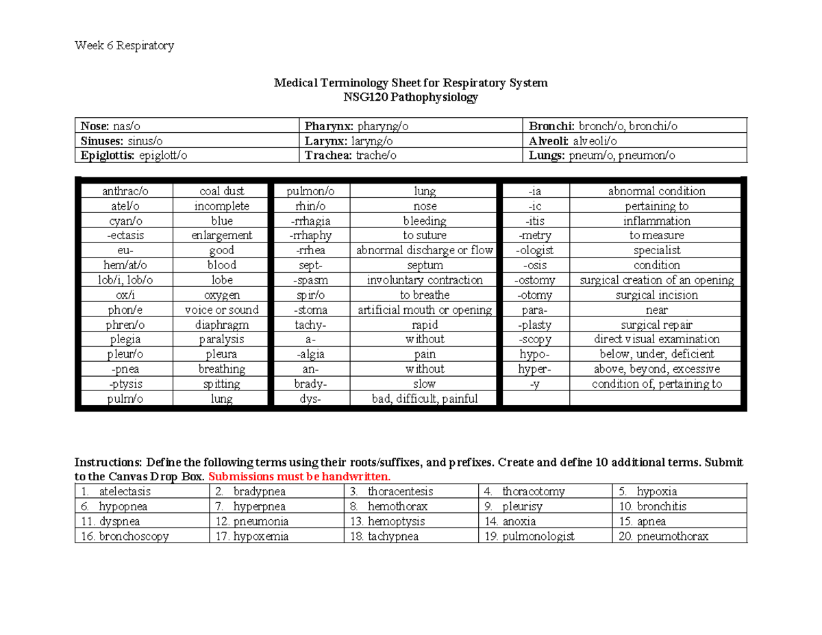 Module 6 Medical Terminology Sheet for Respiratory System 2022 - Week 6 ...