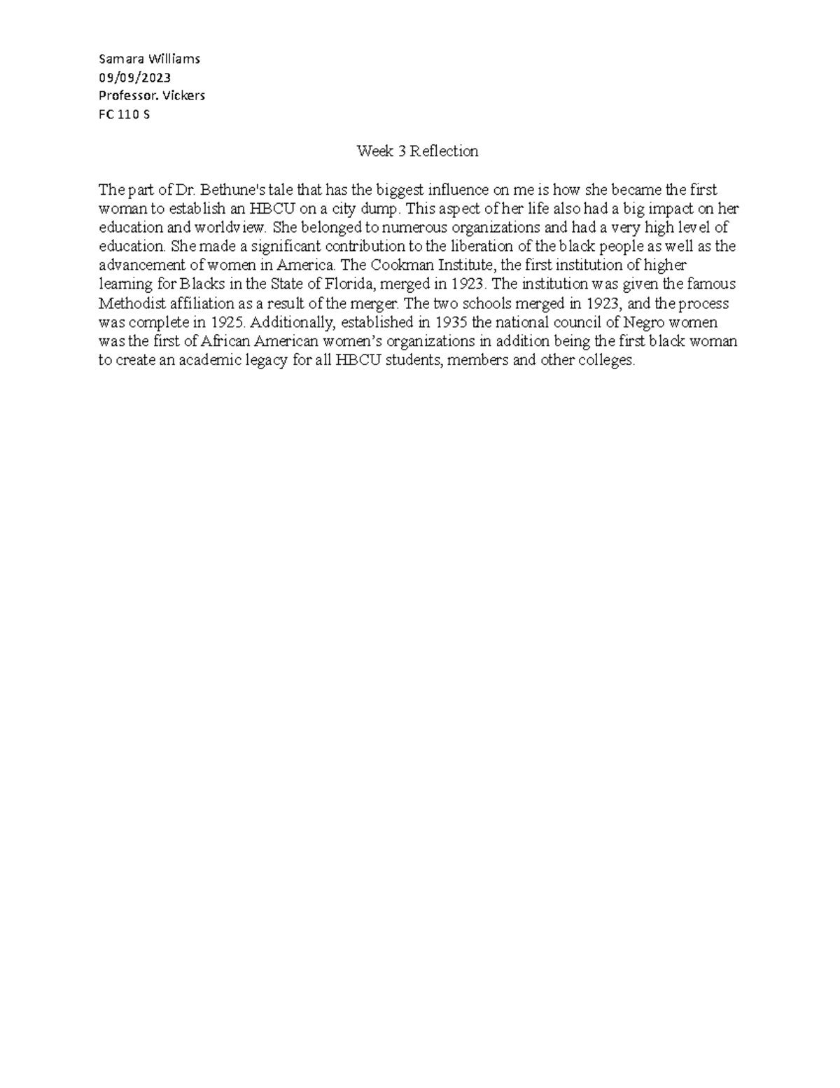 Week 3 reflection - Practice - Samara Williams 09/09/ Professor ...