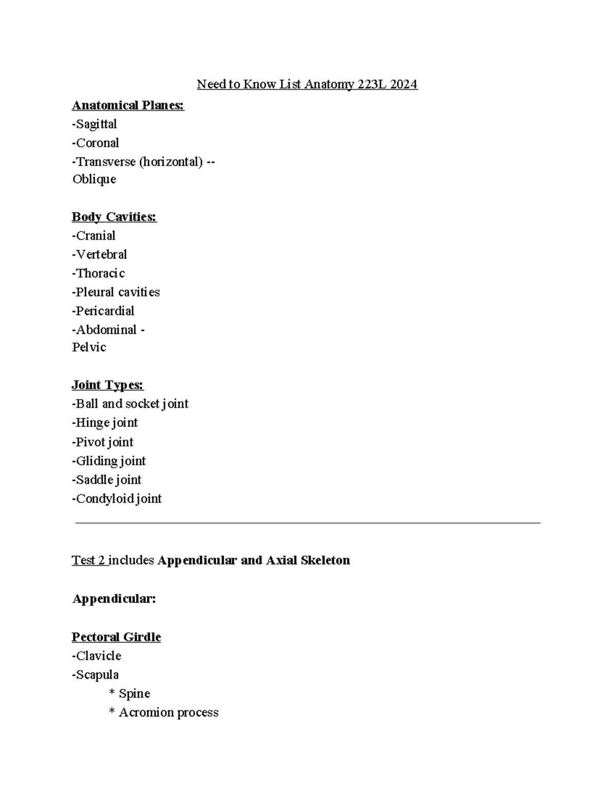 Need to Know List Anatomy 223L 2023 Bailey Combs 4 - Need to Know List ...