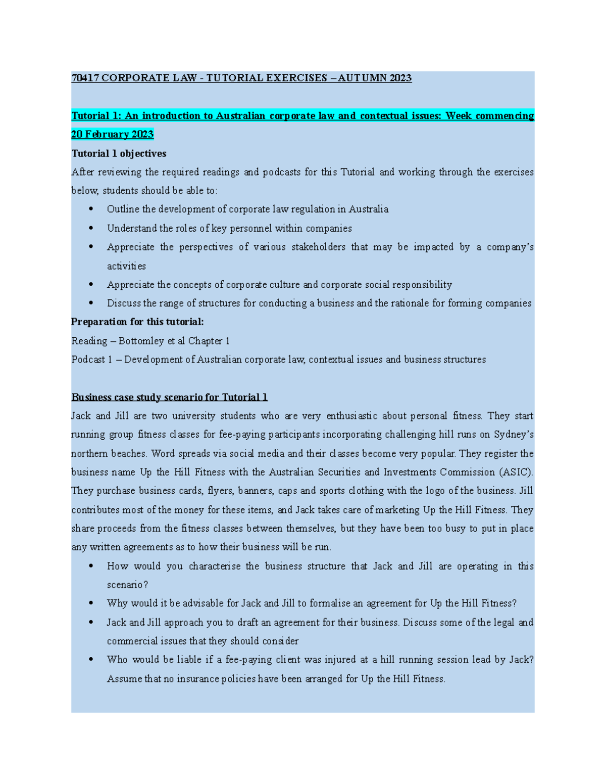 Aut 2023 70417 Corporate Law Tutorial exercises Autumn 2023 - 70417 ...