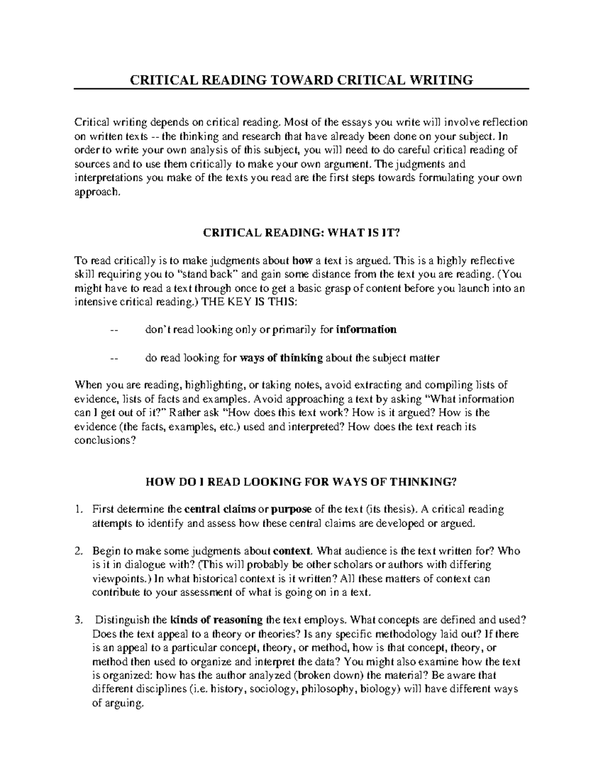 Critical Reading Guide - CRITICAL READING TOWARD CRITICAL WRITING ...