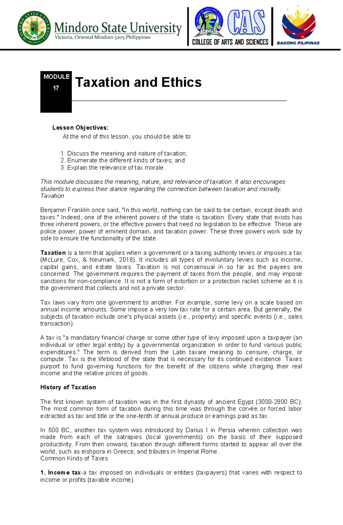 Module-17 - Ethics - MODULE Taxation and Ethics 17 Lesson Objectives ...