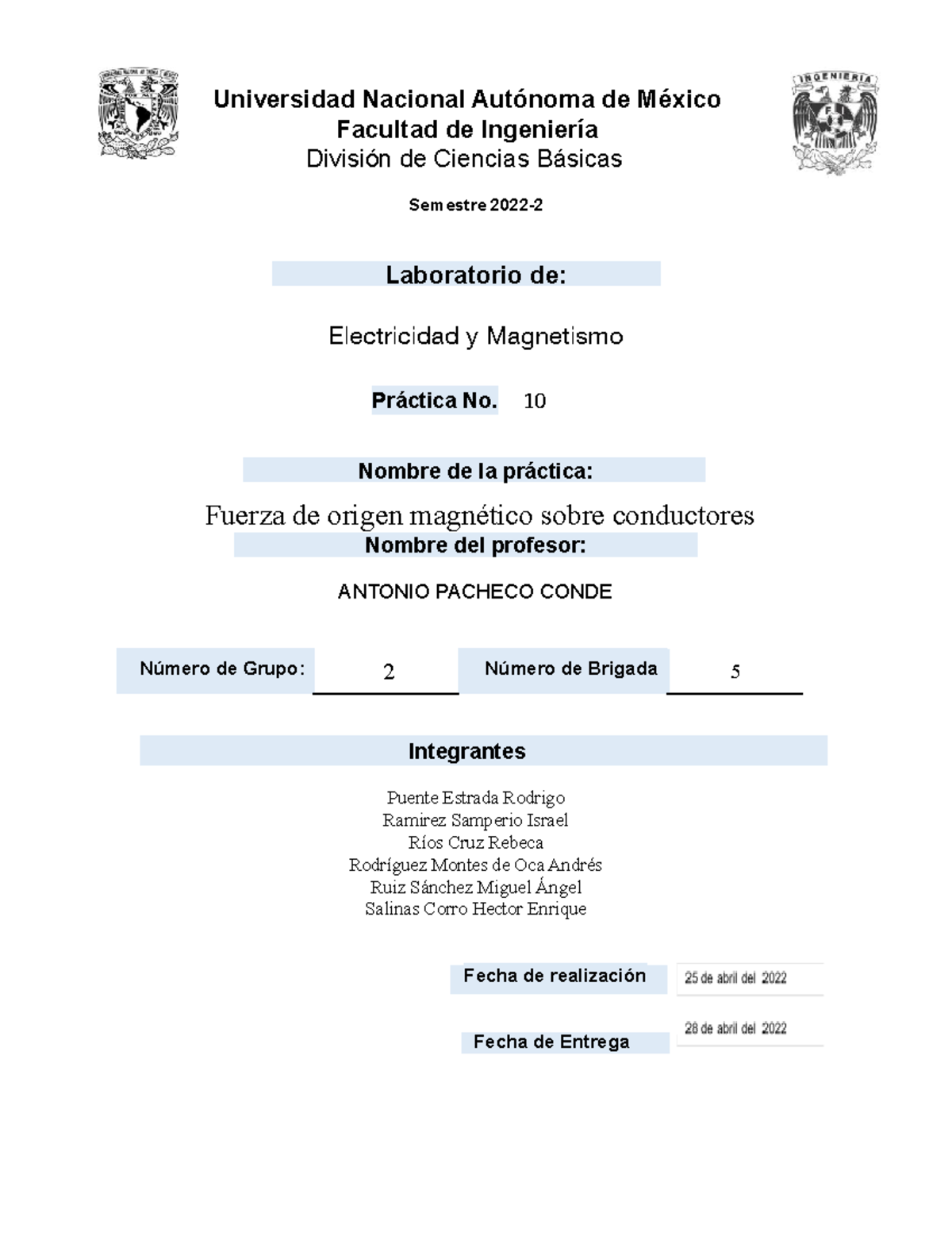 Practica 10 Electricidad y Magnetismo - Universidad Nacional Autónoma de México Facultad de ...