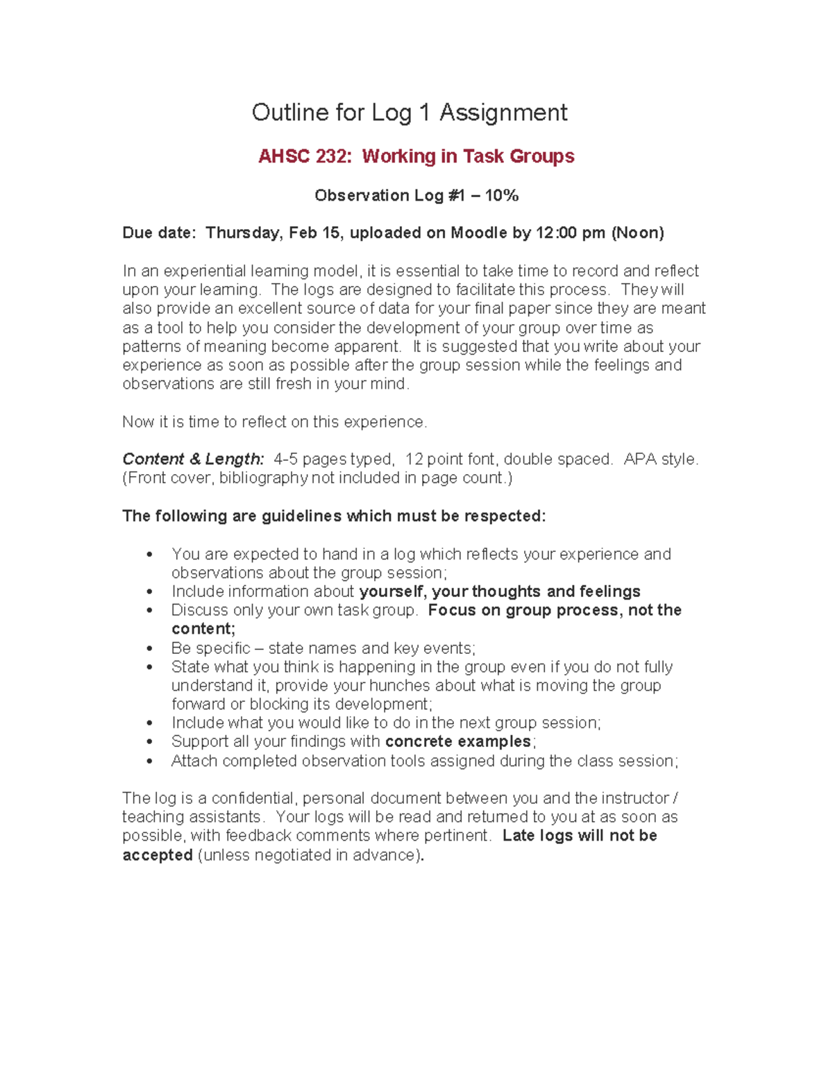 Winter 2024 Outline for Log #1 - Outline for Log 1 Assignment AHSC 232 ...
