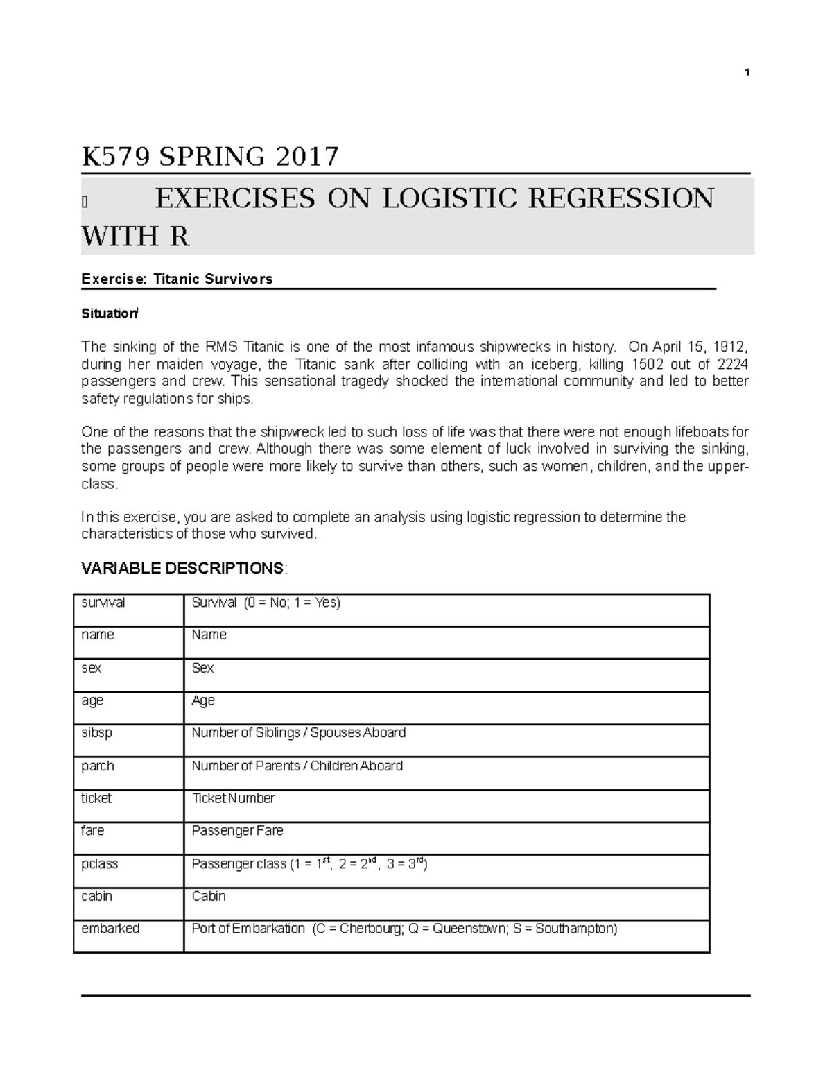 Logistic Exercise Titanic With Code - K579 SPRING 2017 EXERCISES ON LOGISTIC REGRESSION WITH R ...