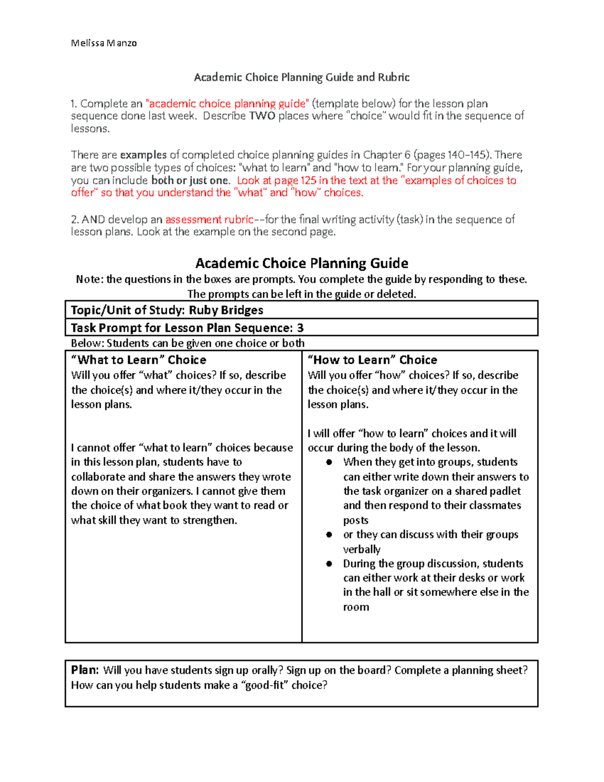 CI405 (6) Academic Choice Planning Guide and Rubric - Melissa Manzo ...