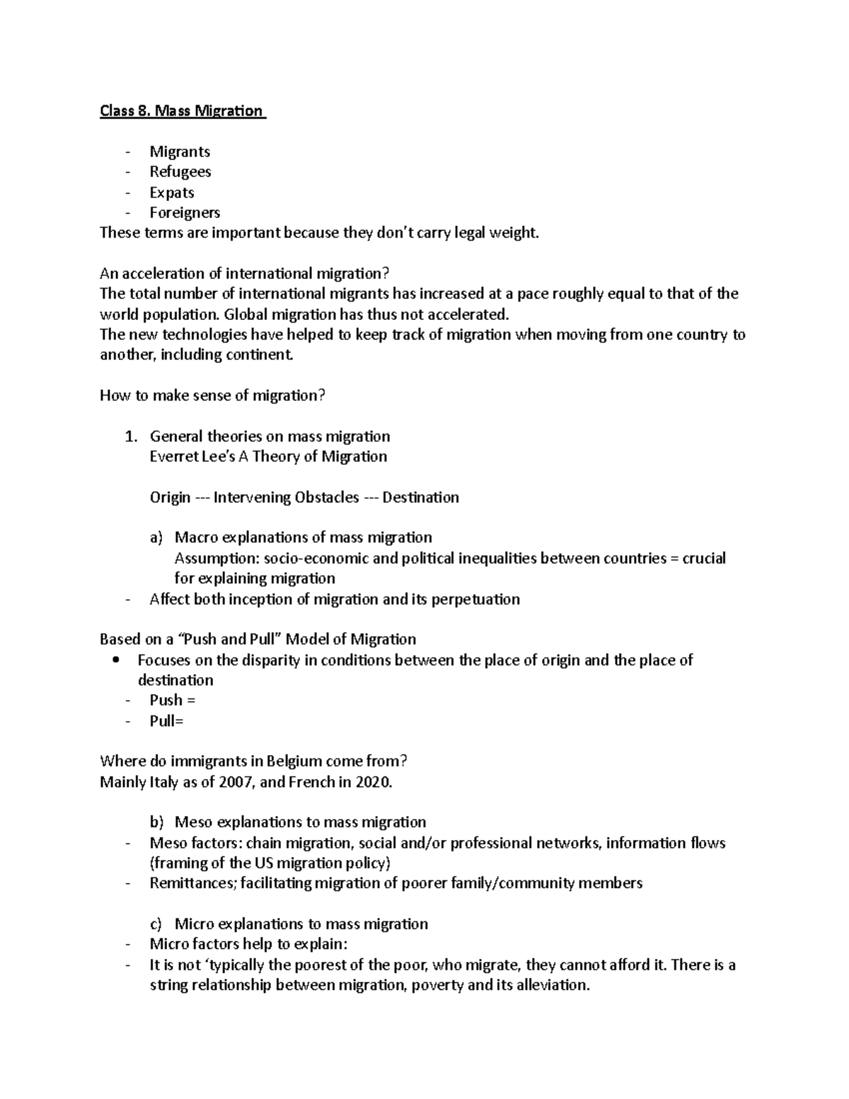 Class 8. Migration - Lecture notes - Class 8. Mass Migration Migrants ...