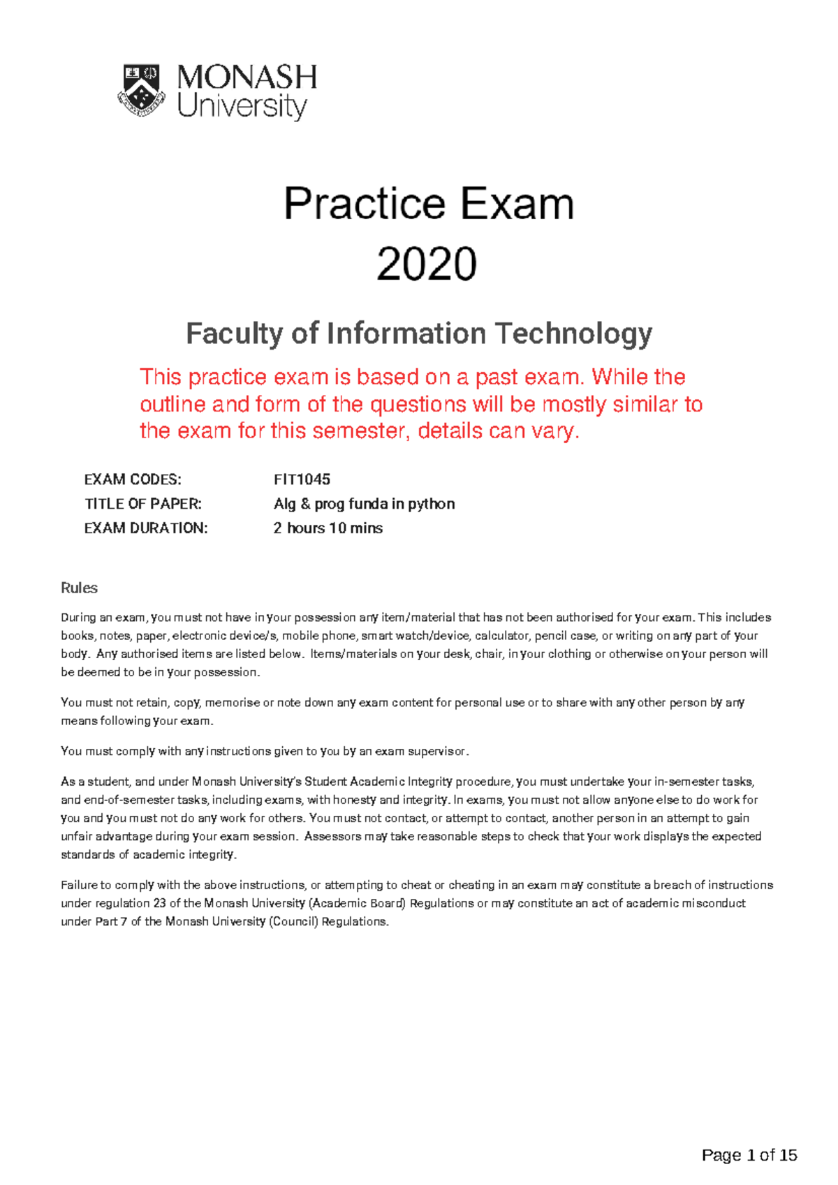 2020 Practice exam - 2020 Semester One Deferred Supplementary (August ...