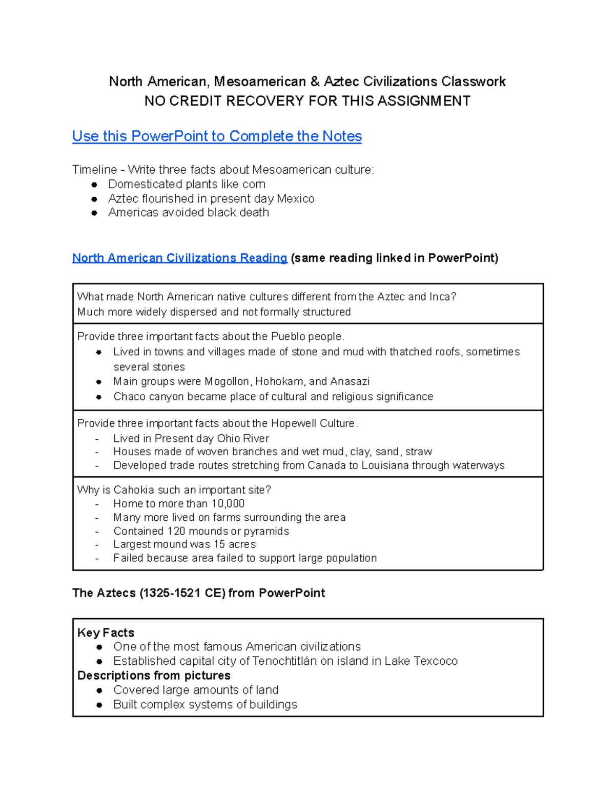 North & Mesoamerican Civilizations Notes Sheet - Honors - North ...