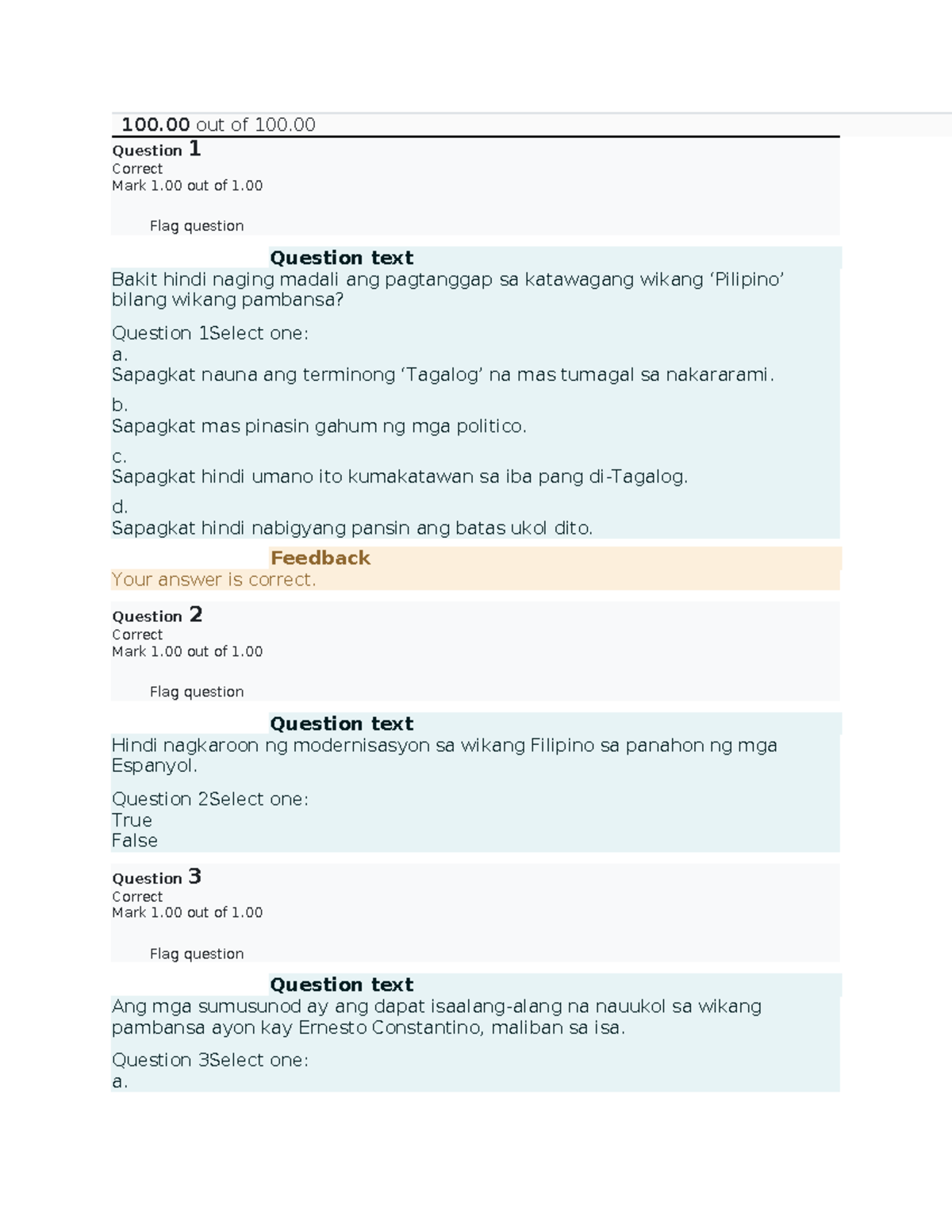 Mids1 - asdsadas - 100 out of 100. Question 1 Correct Mark 1 out of 1 ...