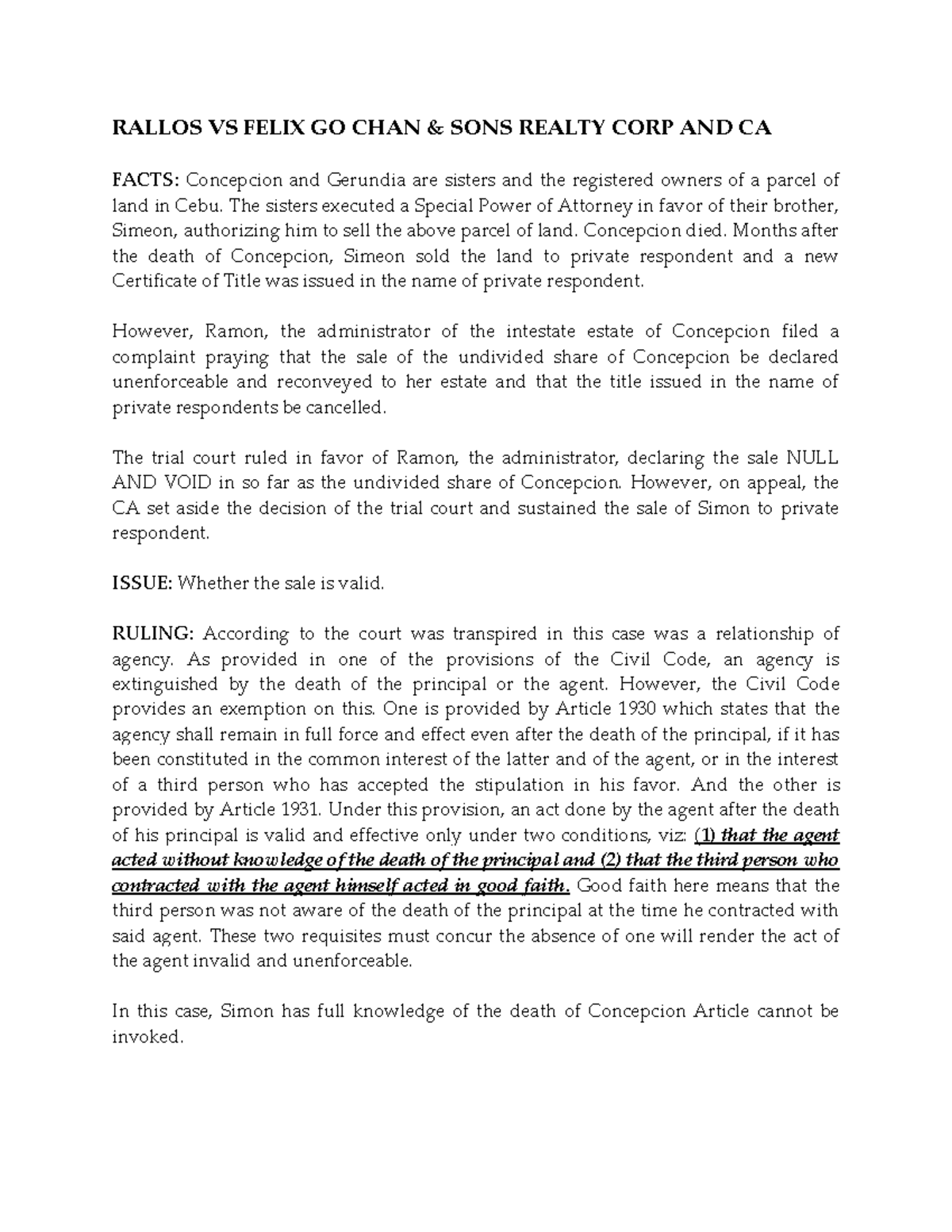 Rallos VS Felix Go Chan - RALLOS VS FELIX GO CHAN & SONS REALTY CORP ...