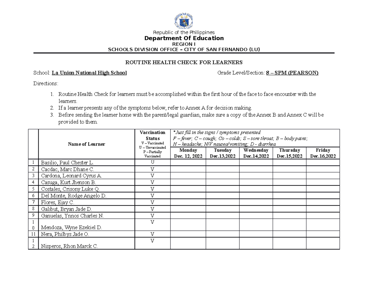 Routine Health Check FOR Learners - Republic of the Philippines ...